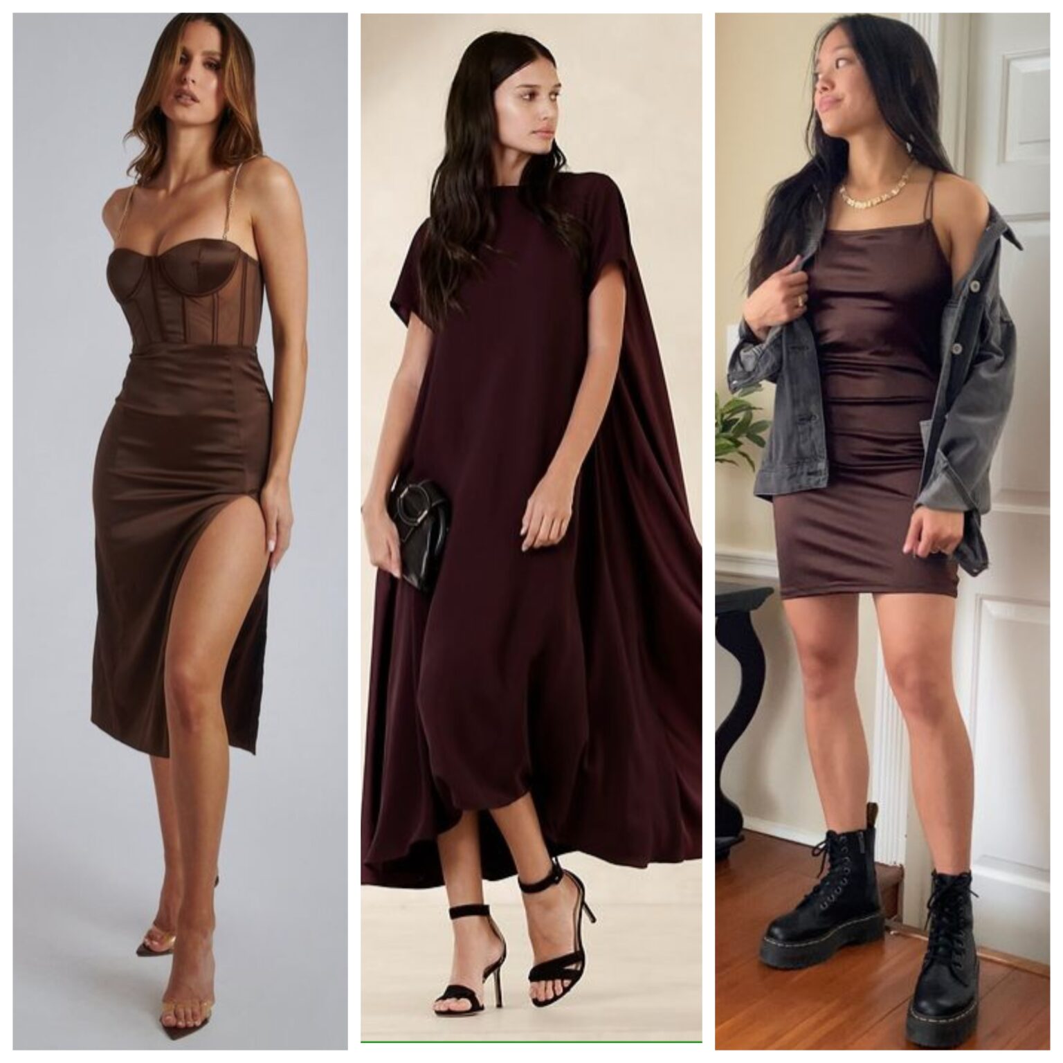 Outfit para la noche con vestido marrón 2024 - Como combinarlo - QNoche